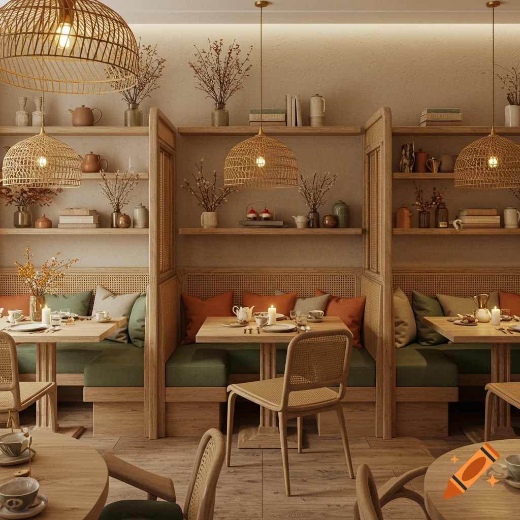 Photorealistic Cozy Restaurant Interior With Wooden Booths Rattan
