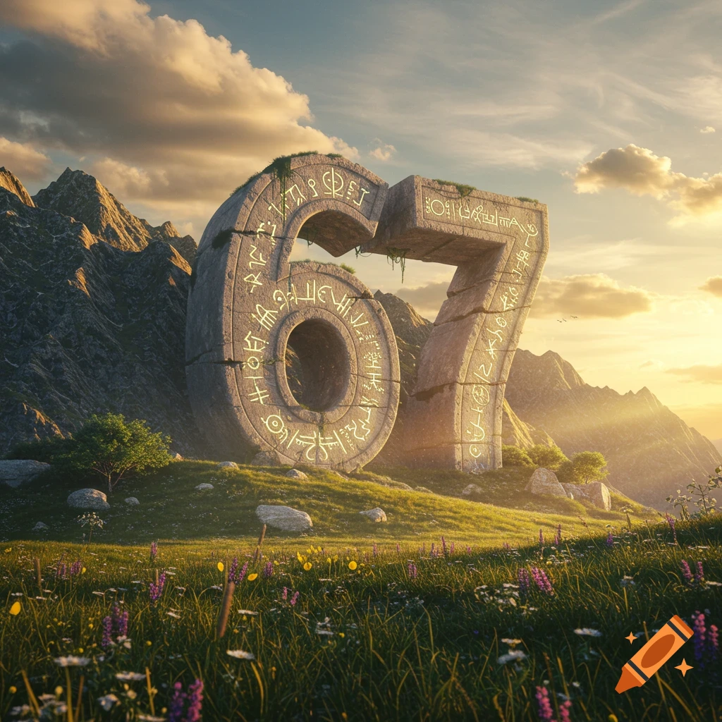 Giant weathered stone numbers '67' with glowing runic carvings stand on ...