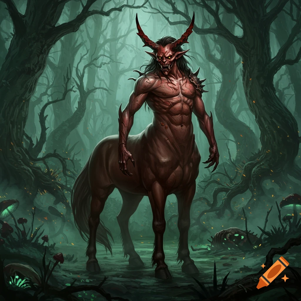 A monstrous red-skinned centaur with horns and glowing eyes stands in a ...