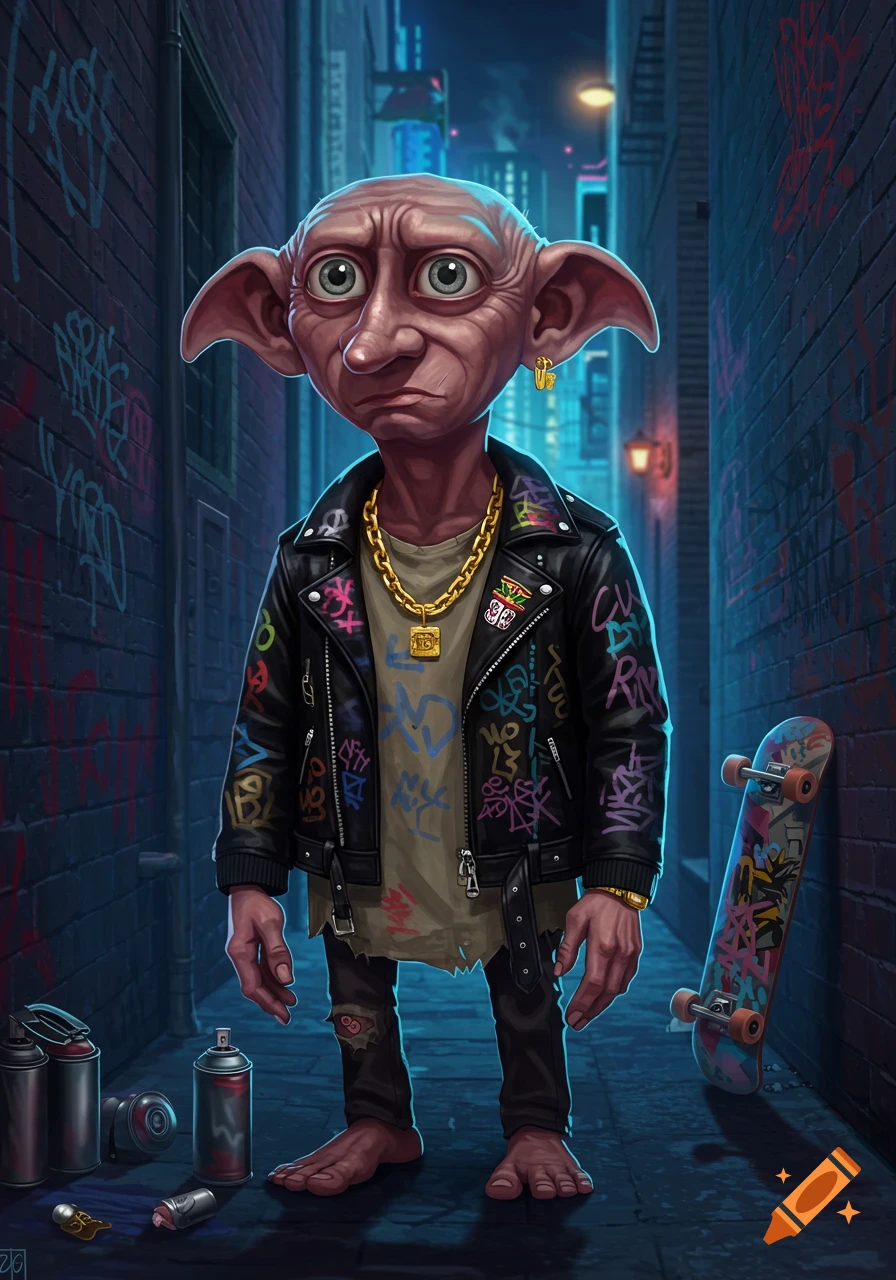 Cartoon Dobby as a gangster, wearing a gold chain and graffiti-covered ...