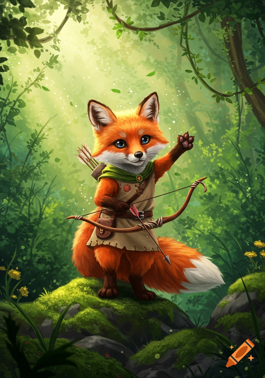 A cute cartoon fox scout stands in a sun-dappled forest, wearing a ...