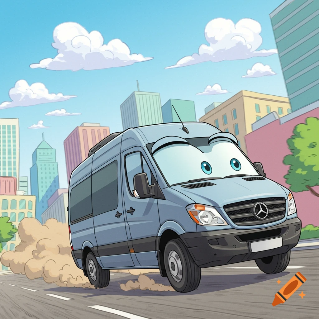 Cartoon blue Mercedes-Benz Sprinter van with a friendly face drives ...