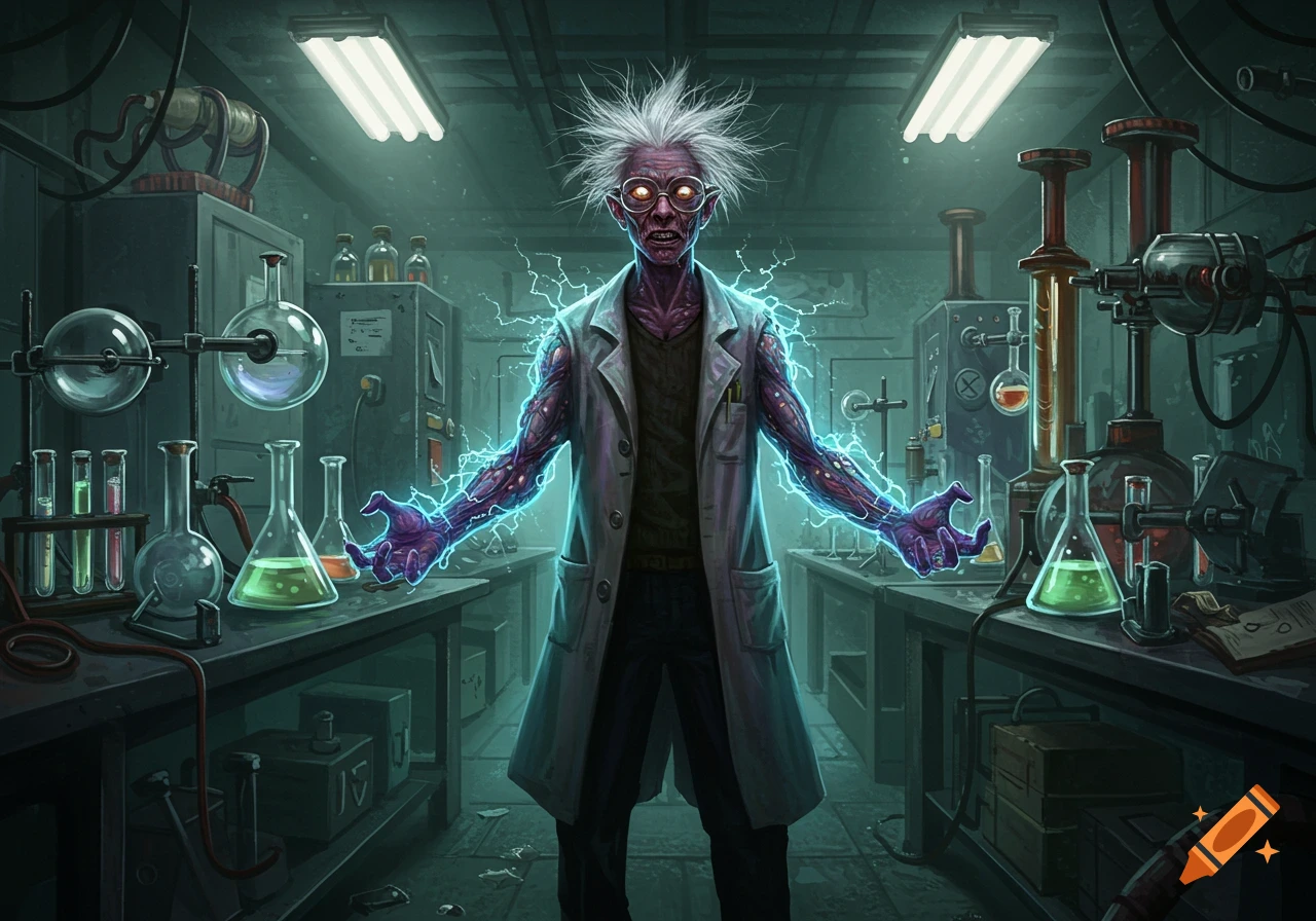 A grotesque mutated scientist with wild hair and glowing eyes emits ...