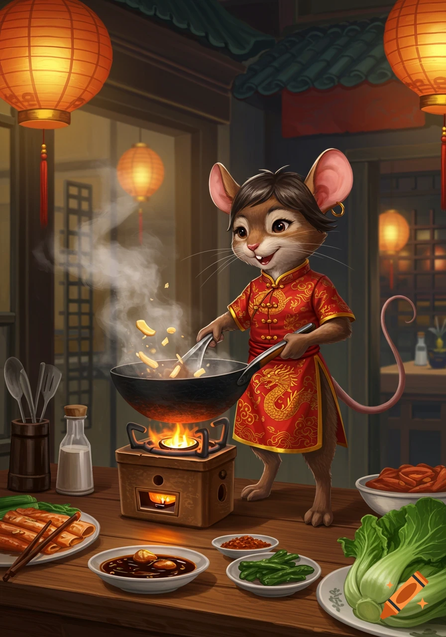 A smiling cartoon mouse in a red cheongsam cooks in a wok over an open ...