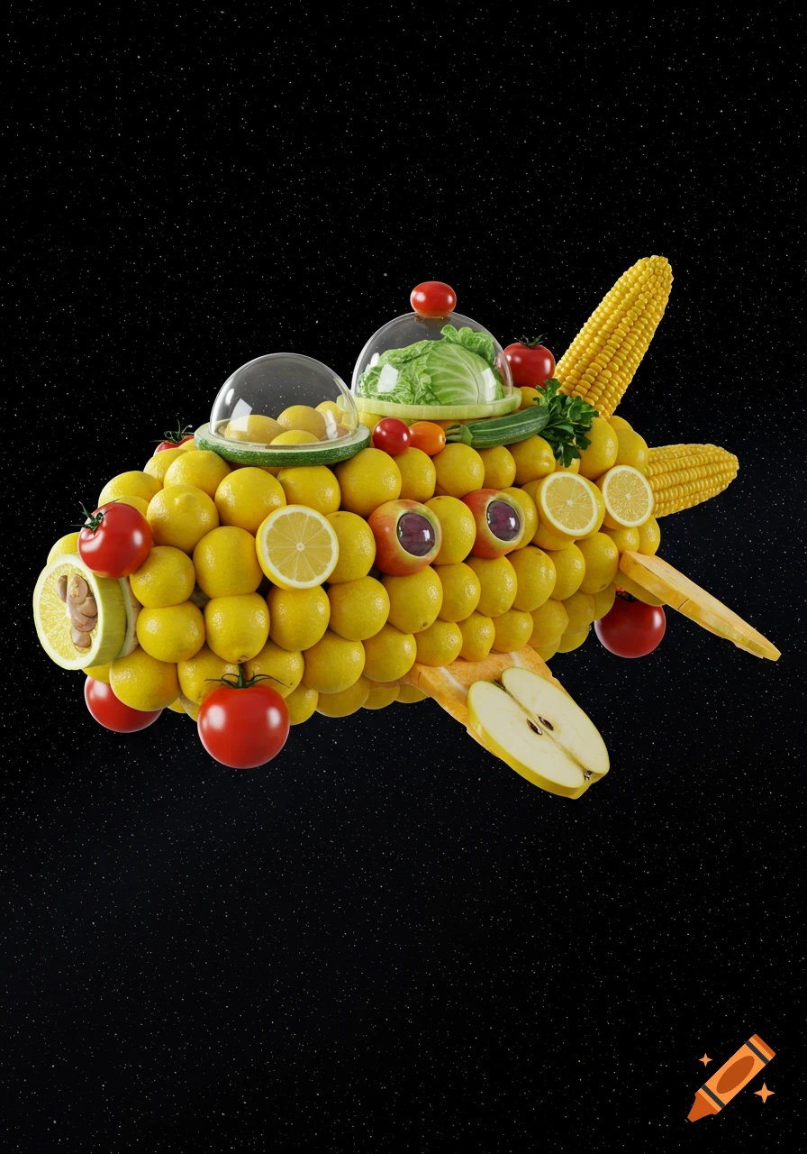 A whimsical spaceship crafted from lemons, corn, apples, tomatoes, and ...