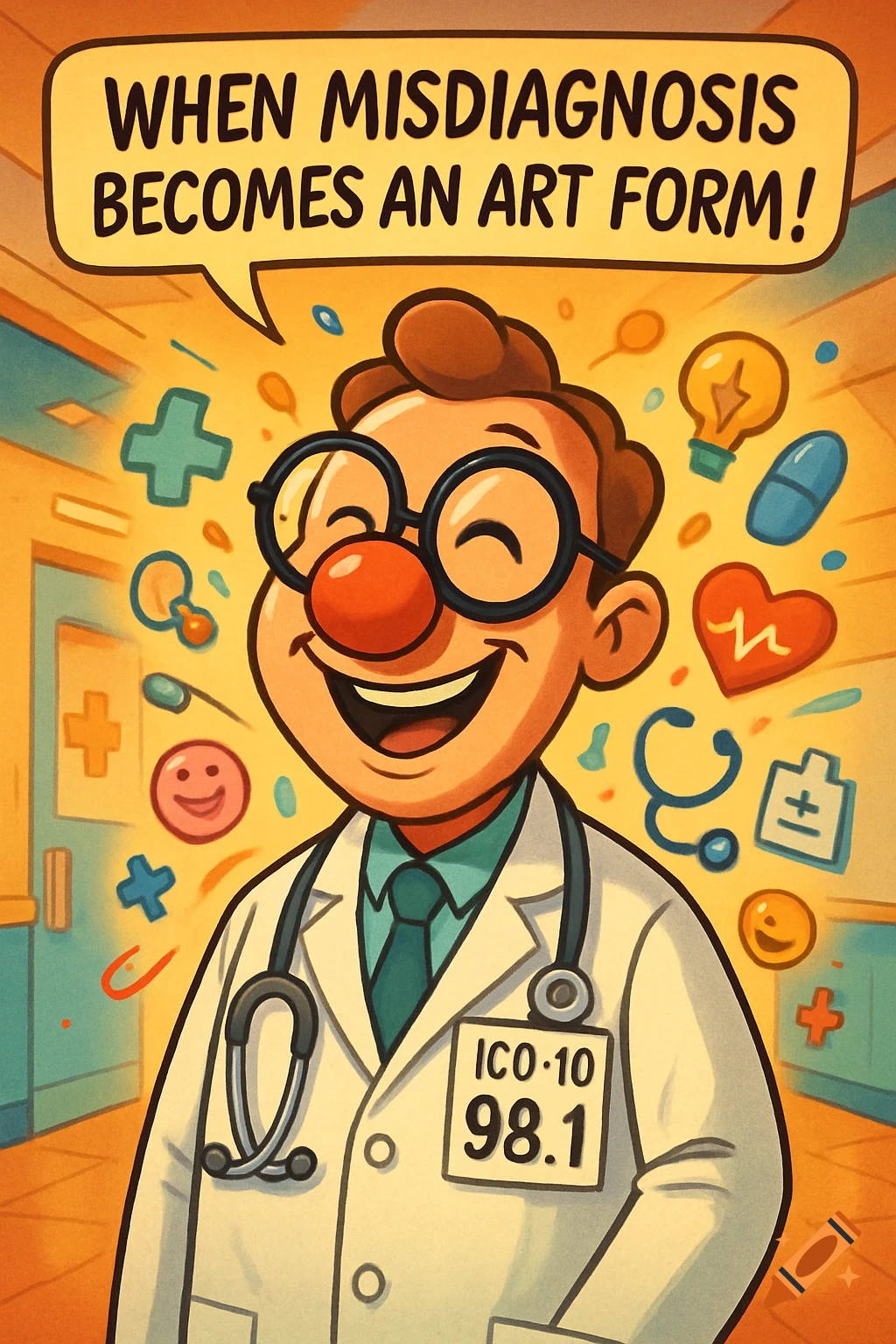 A smiling cartoon doctor with a clown nose and stethoscope wears a ...