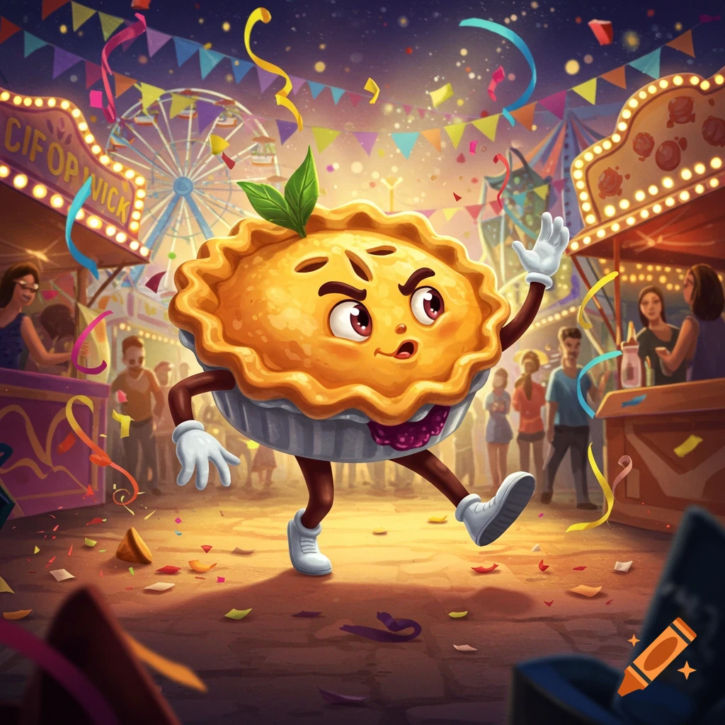 A cartoon pie character with arms, legs, and an expressive face dances ...