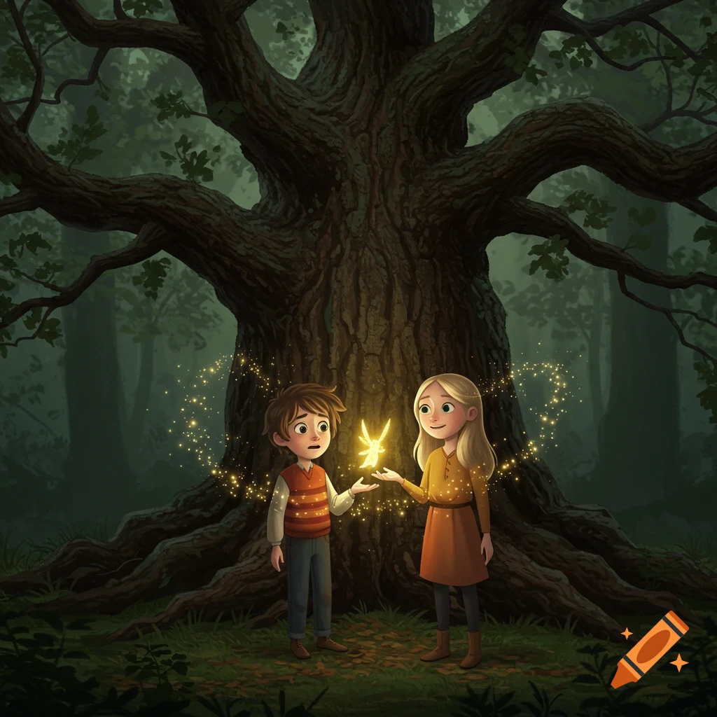 A boy and a girl stand beneath a gnarled oak tree, admiring a glowing ...