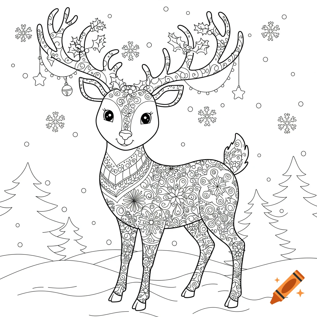 A Christmas-themed line art coloring page of an ornate deer with ...