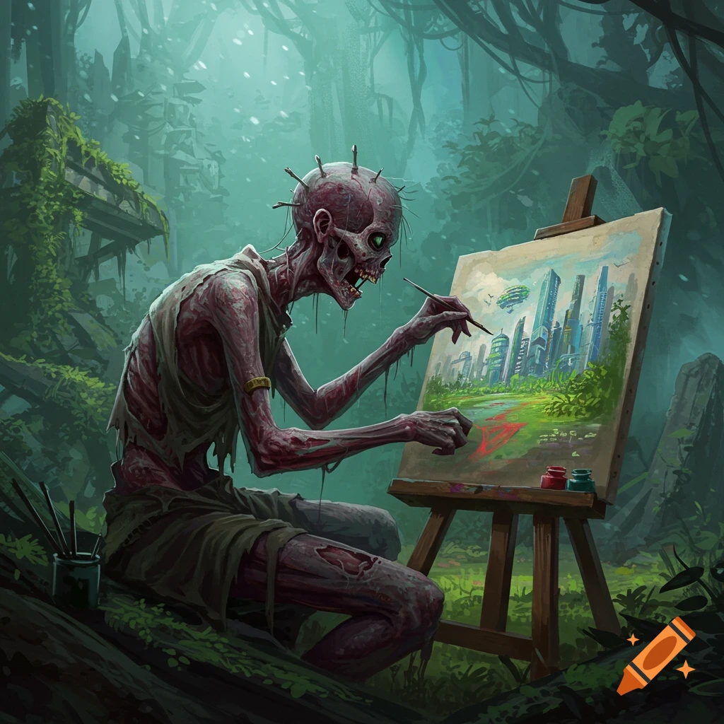 A skeletal zombie with green eyes and spikes on its head paints a ...