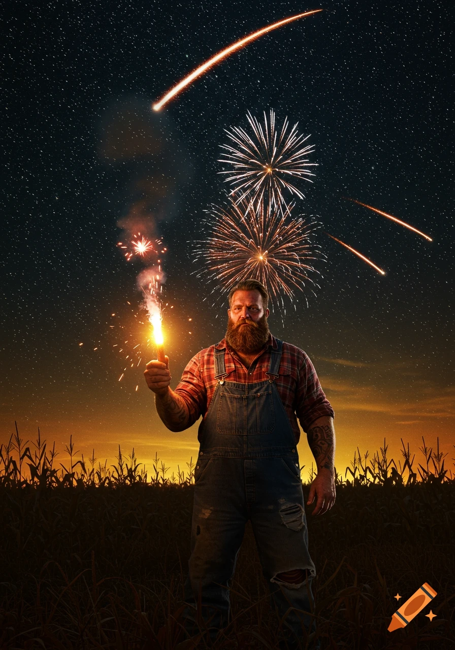 A bearded man in overalls holds a lit firework under a starry night sky ...