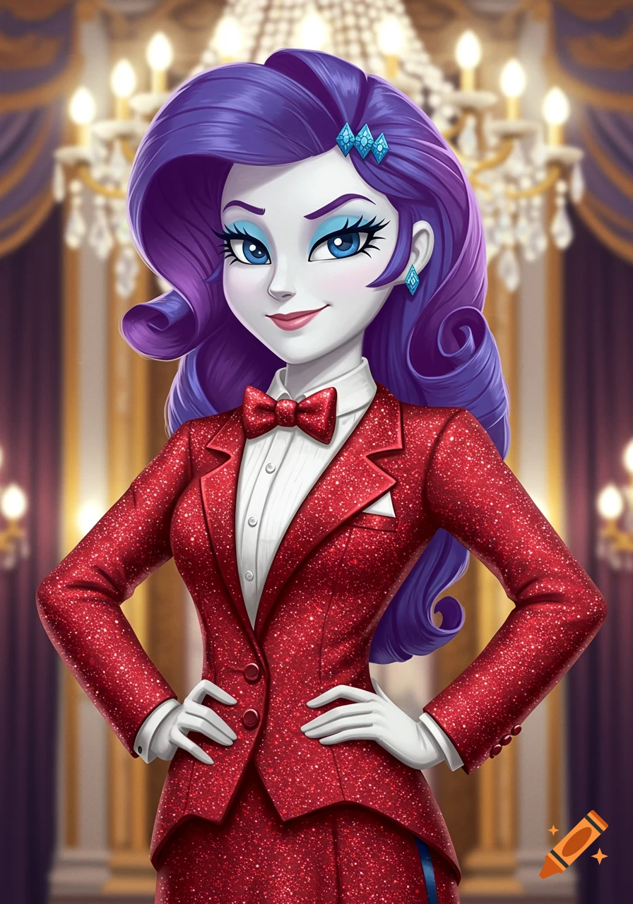 A humanized Rarity character in a sparkling red glitter tuxedo ...