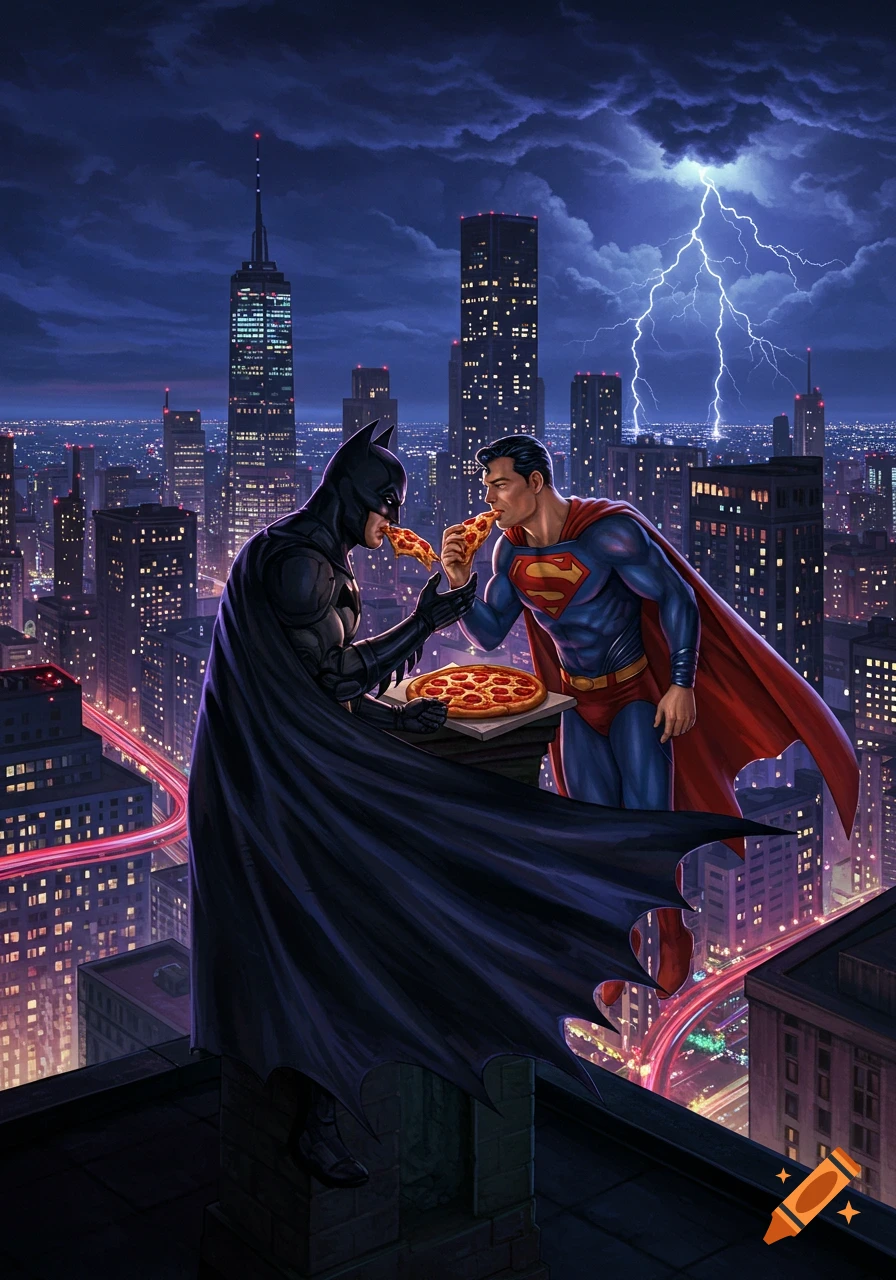 Batman and Superman eating pizza on a city rooftop at night with ...