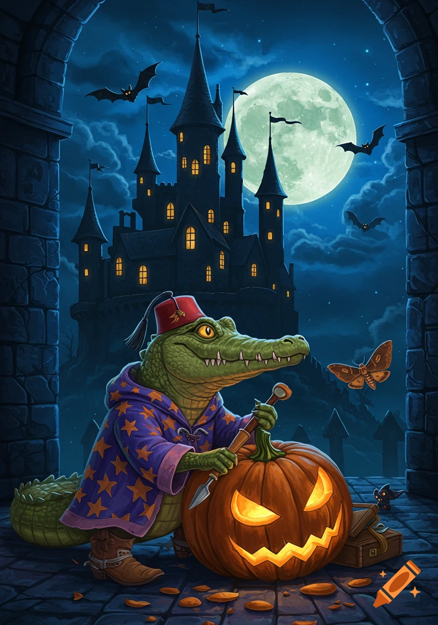 A cartoon crocodile in a wizard robe, fez, and cowboy boots carves a ...