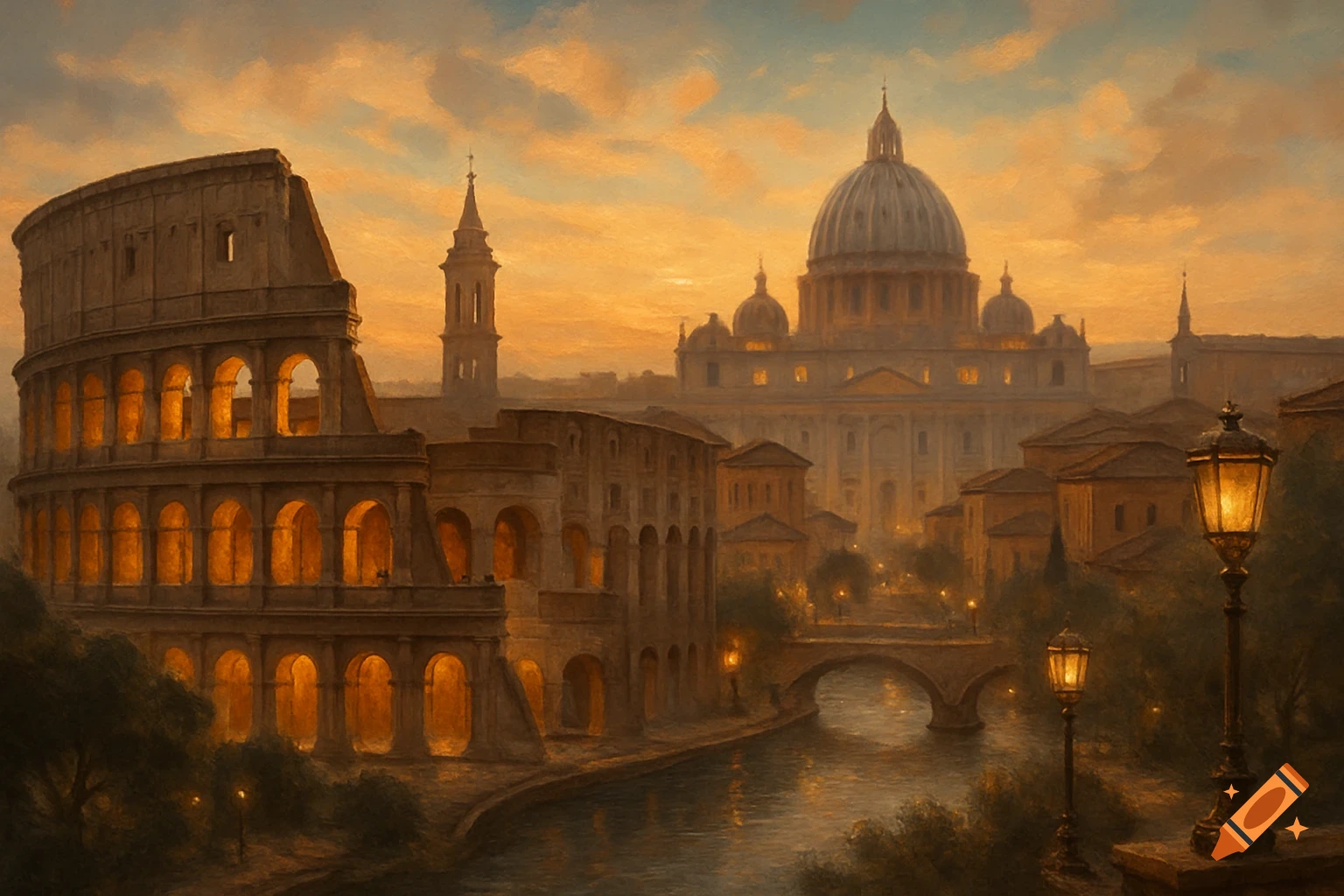 Painterly view of ancient Rome at sunset, with the Colosseum, a grand ...