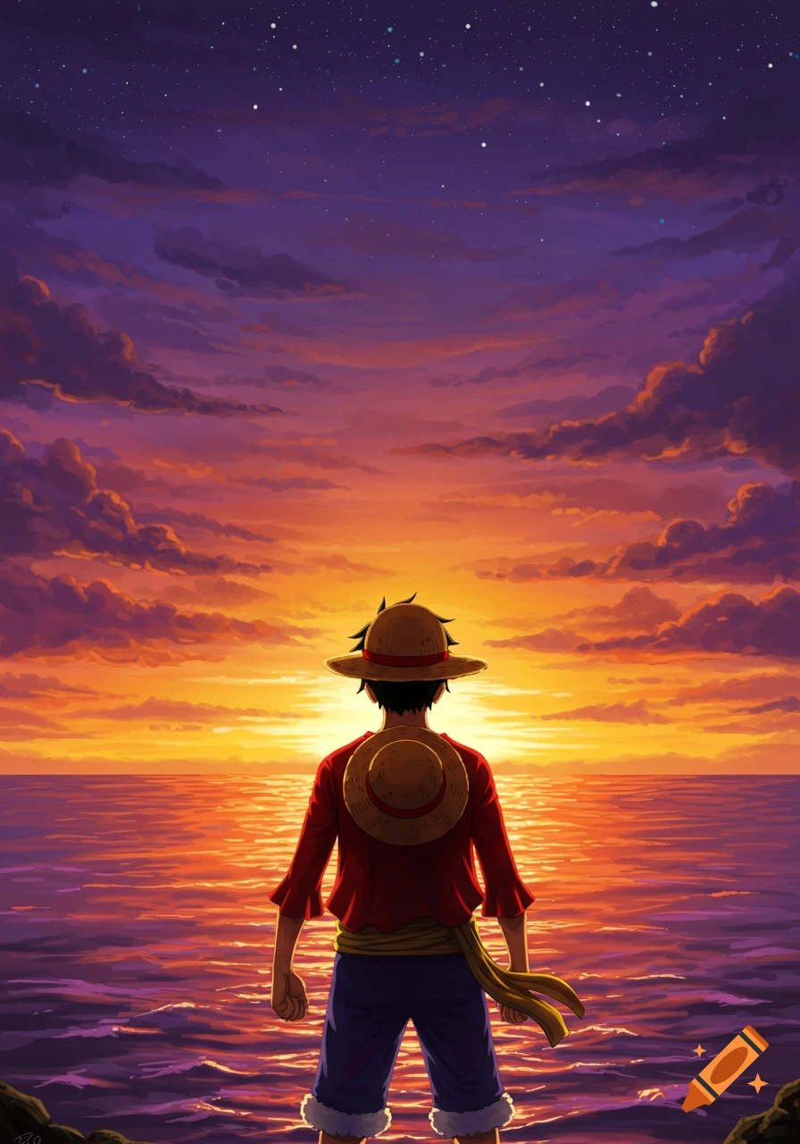 Anime character resembling Luffy stands with their back to the viewer ...