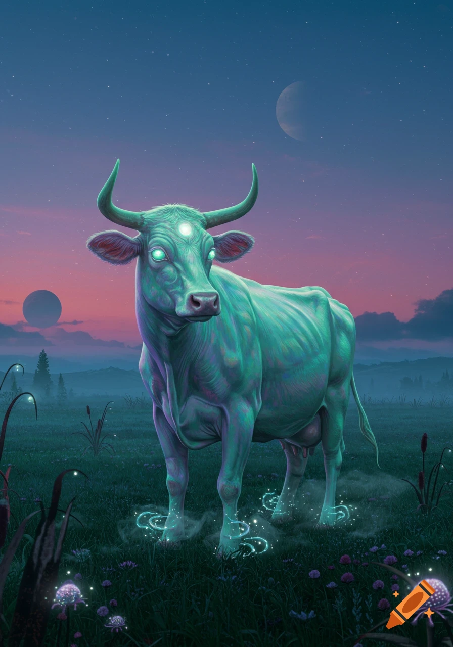 A glowing turquoise alien-cow hybrid with a third eye and luminous ...