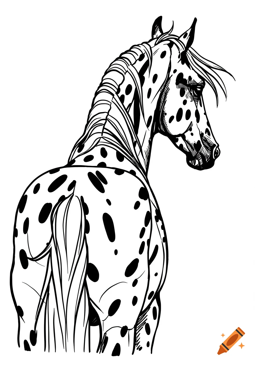 Black and white line art illustration of an Appaloosa horse with spots ...
