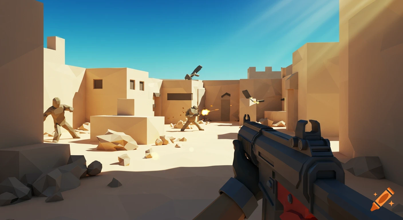 Low poly first-person shooter scene in a desert town with blocky ...