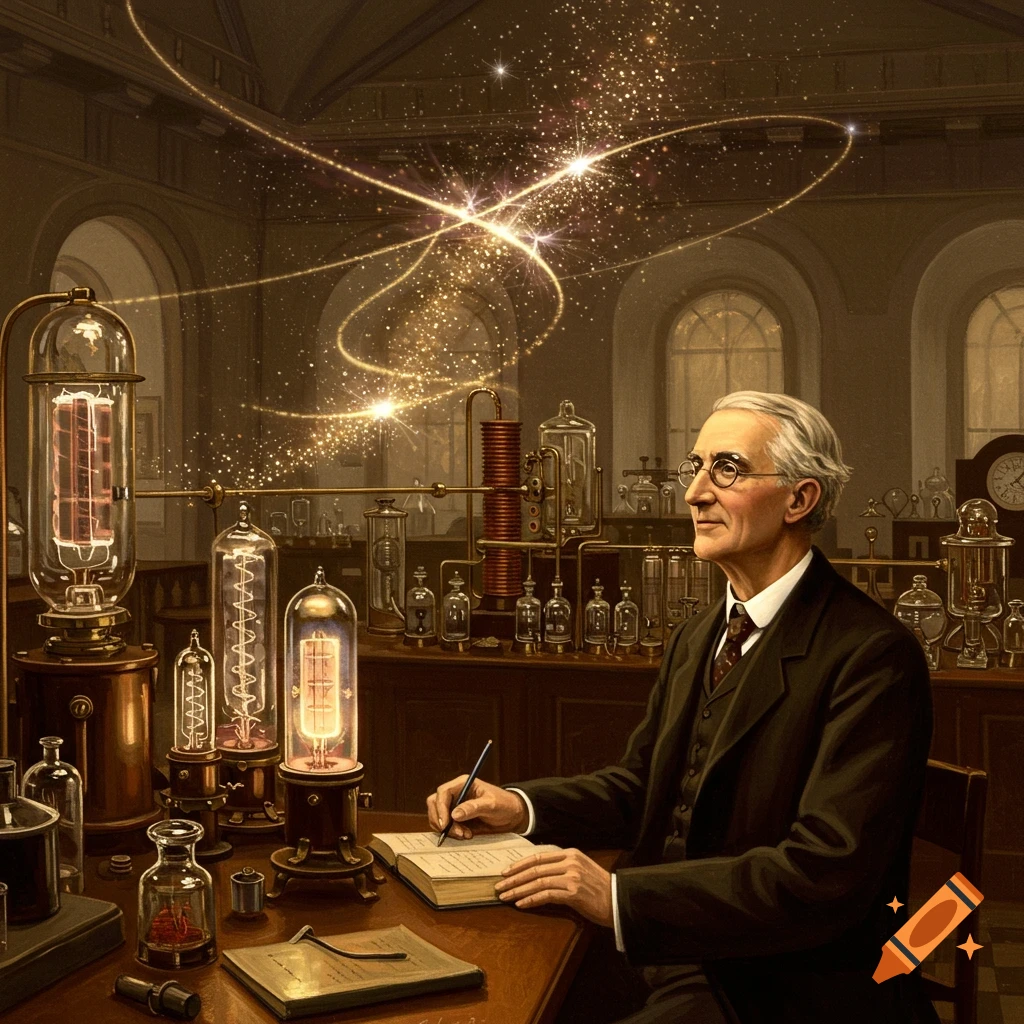An illustration of an old scientist writing in a vintage laboratory ...
