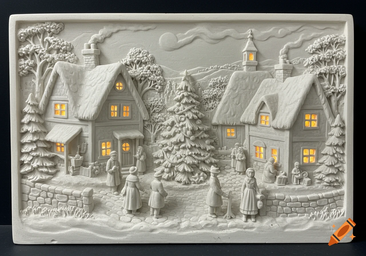 An alabaster frieze depicts a Christmas village scene with glowing ...