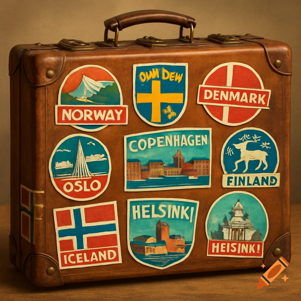 A retro brown leather suitcase adorned with various colorful travel ...