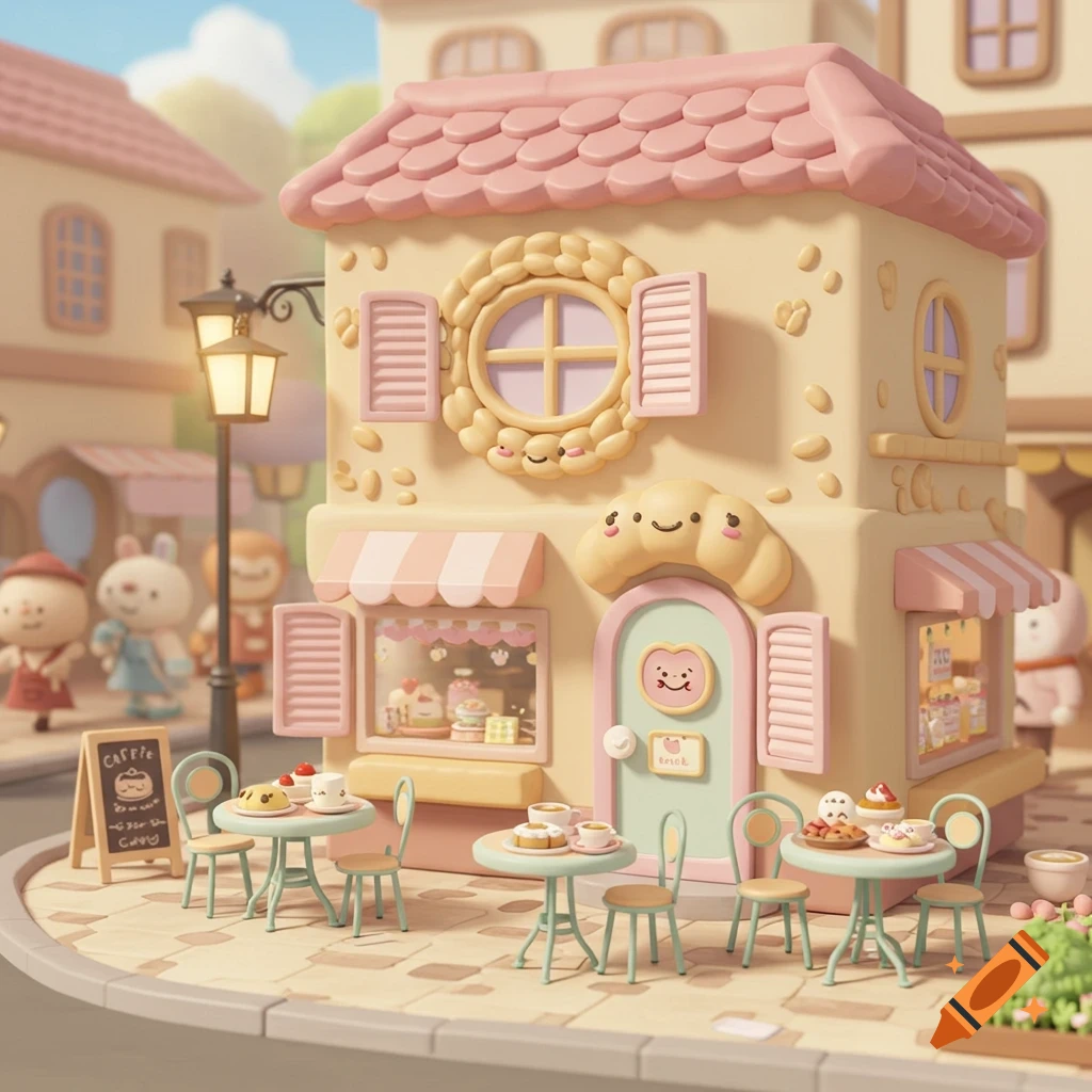 A charming kawaii 3D render of a pastel-colored cafe with outdoor ...