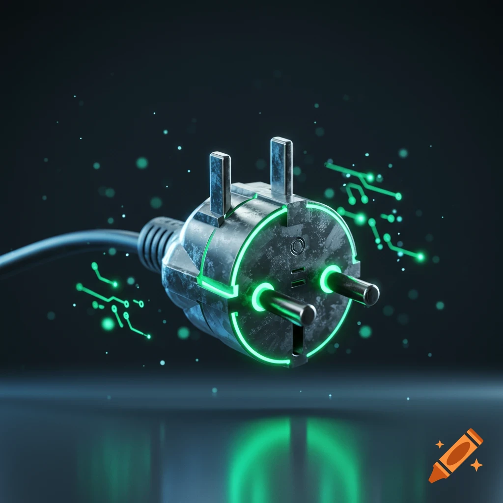 A futuristic electrical plug with glowing green accents and circuit patterns, illuminated on a ...
