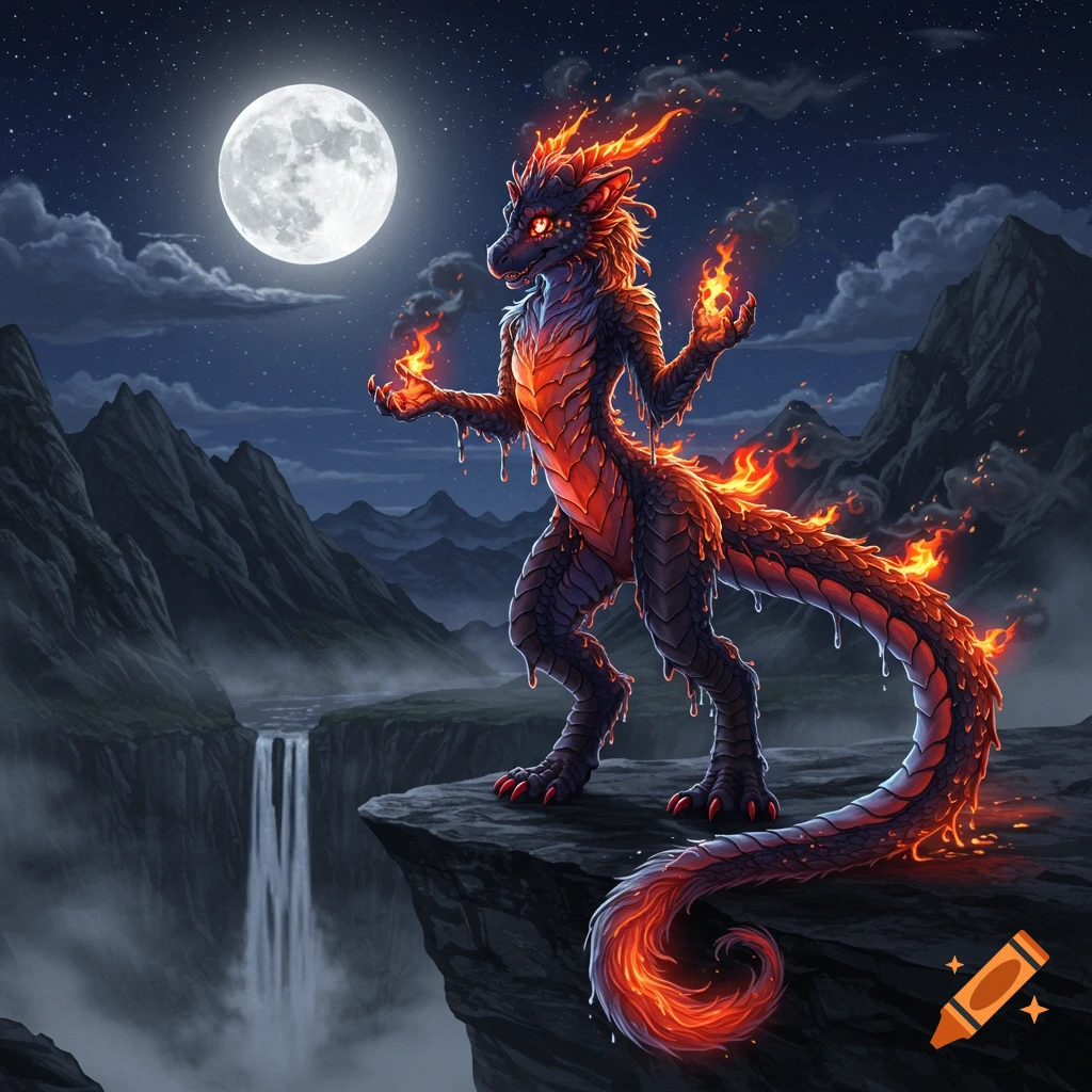 A fiery, melting dragon-like creature stands on a cliff overlooking a ...