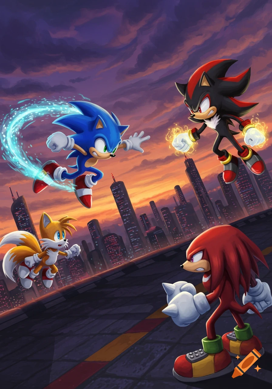 Sonic, Tails, and Knuckles confront Shadow against a city skyline at ...