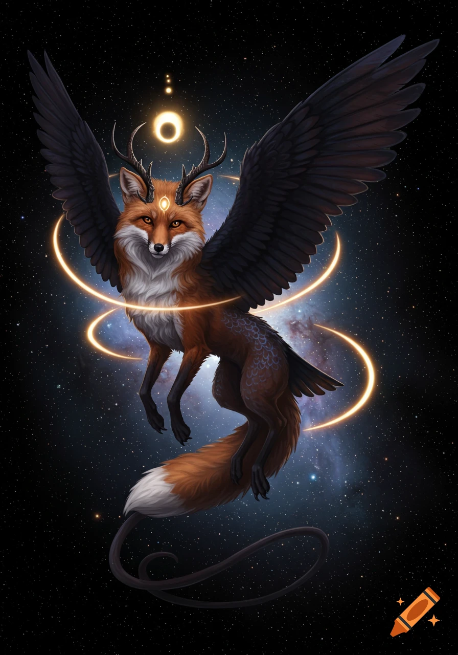 A majestic winged fox-like creature with horns and a long tail floats ...