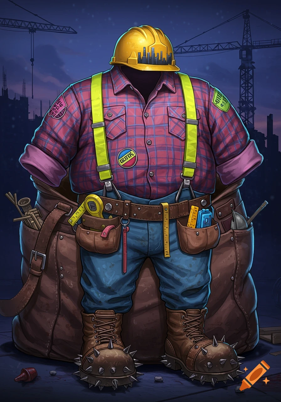 A cartoon illustration of a headless construction worker in a plaid ...