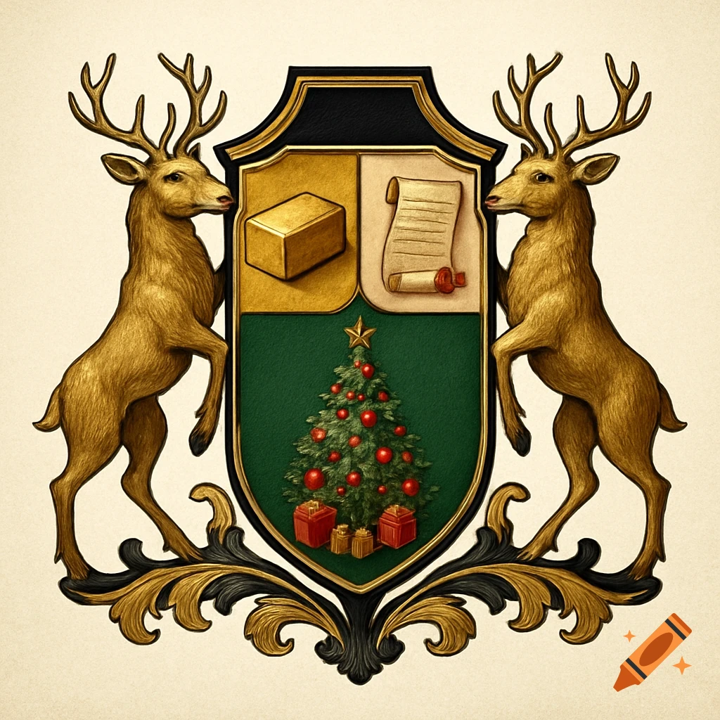 A formal coat of arms featuring two reindeer flanking a shield with a ...