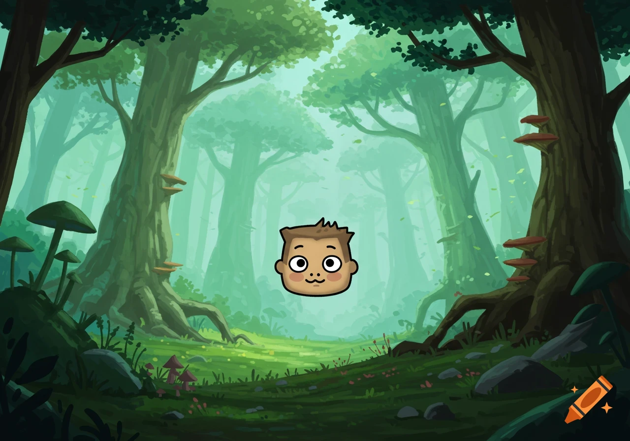 A wide-eyed cartoon soyjak head floats in a lush, green fantasy forest ...