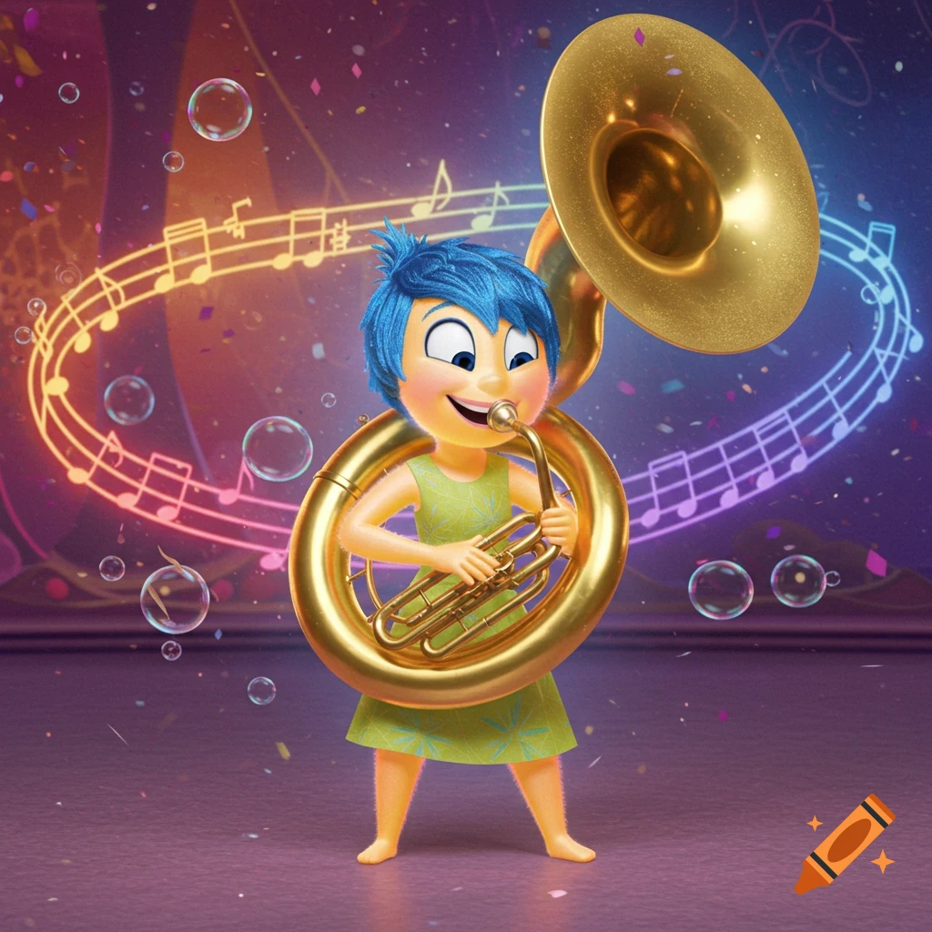 A stylized cartoon character, Joy from Inside Out, with blue hair and a ...