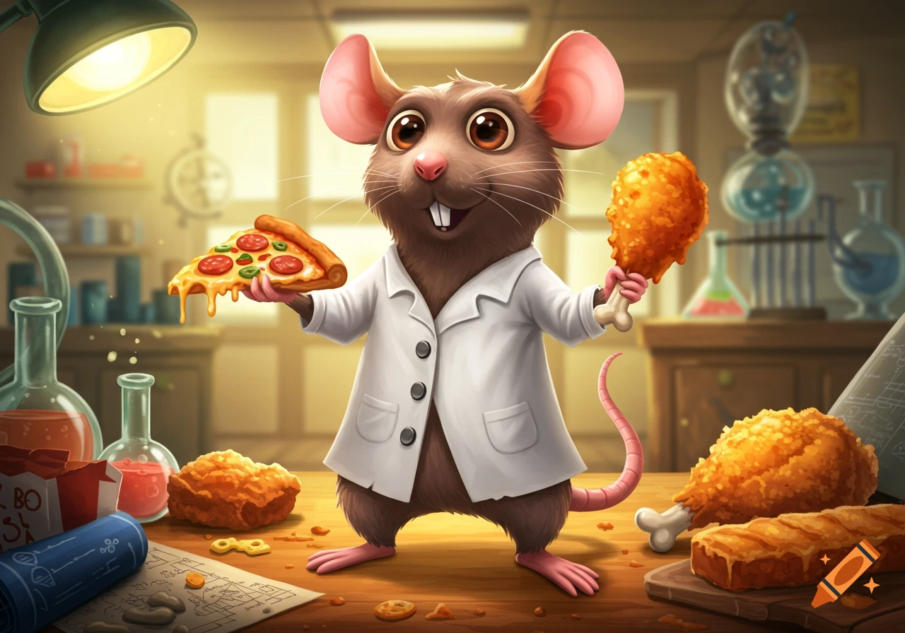 A cartoon rat in a lab coat holds a slice of pizza and a fried chicken ...