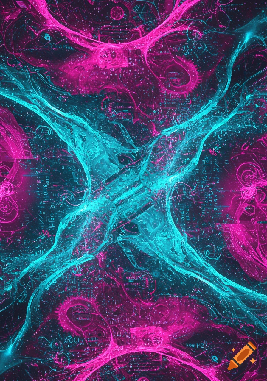 Abstract glowing neon pink and cyan lines and particles on a dark ...