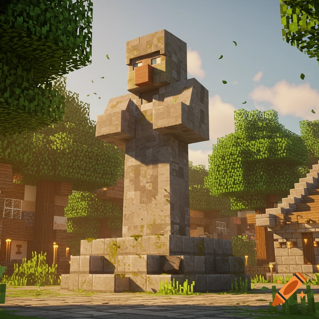 A large blocky stone statue of a Minecraft villager stands in a vibrant ...