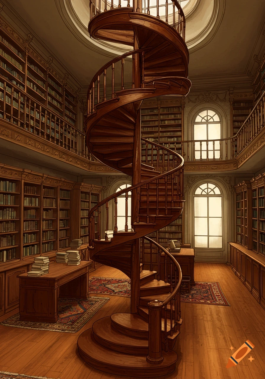 A grand, multi-story library with a large wooden spiral staircase, full ...
