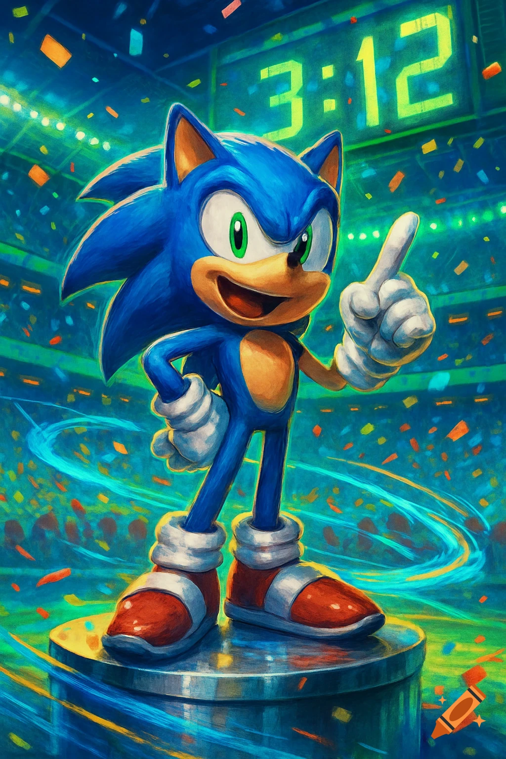 Sonic the Hedgehog stands on a podium, pointing up, with confetti ...