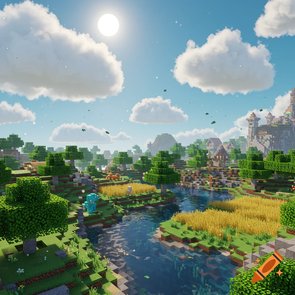 A vibrant, blocky Minecraft landscape with a river, green trees, golden ...