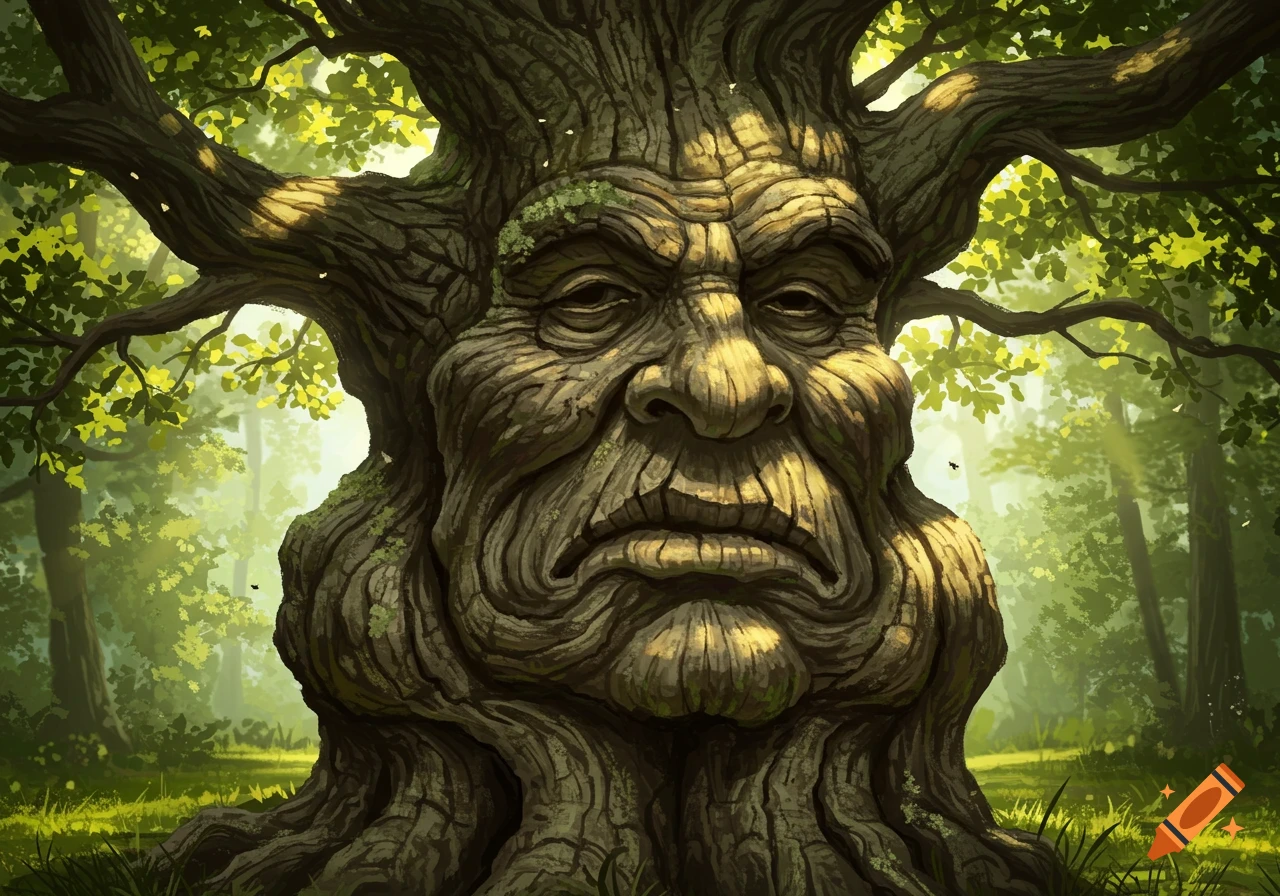 Close-up illustration of a grumpy-faced old oak tree in a lush forest ...