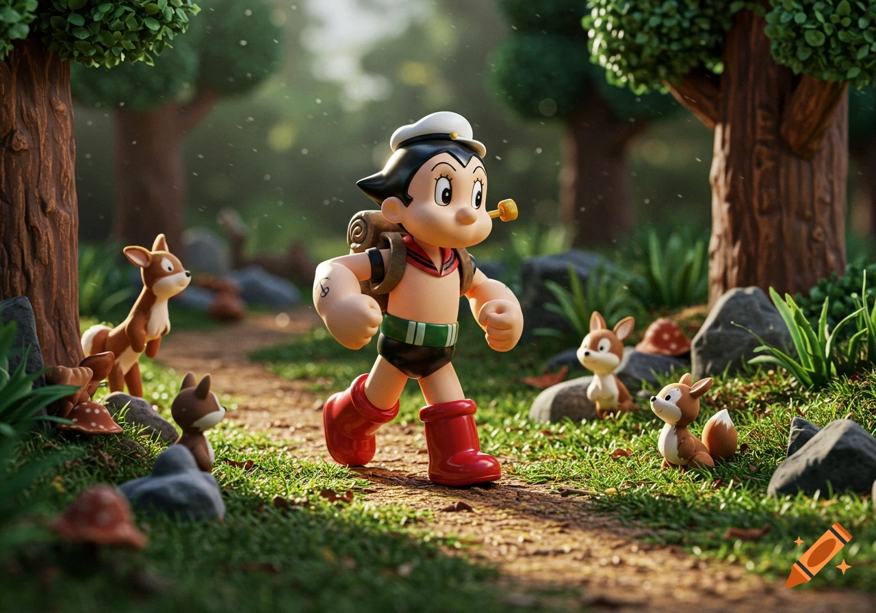 A whimsical ceramic figure combining Astro Boy and Popeye, hiking ...