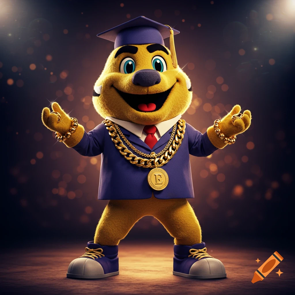 Excited yellow fuzzy mascot in a graduation cap, purple suit, and gold chains, standing on a ...