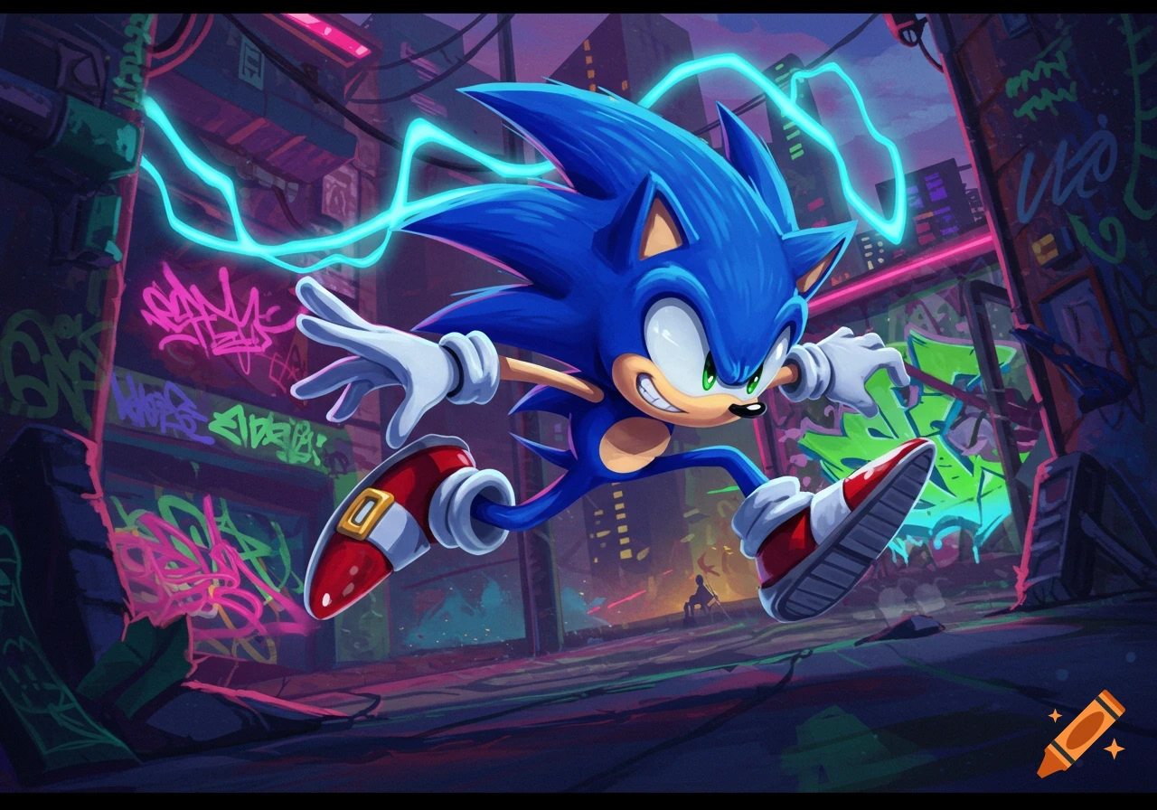 Sonic the Hedgehog speeds through a neon-lit, graffiti-filled urban ...