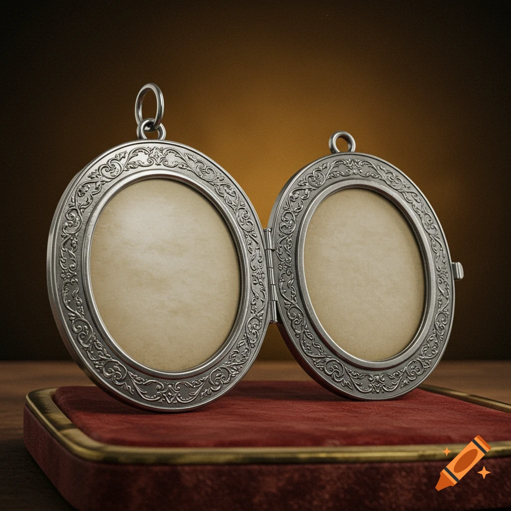 An open, ornate silver locket with two blank frames rests on a red ...