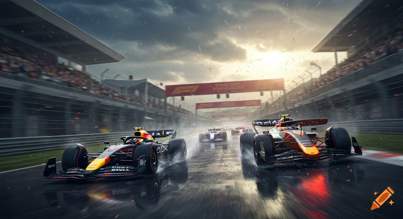 Two Formula 1 race cars speed down a wet track with spray, leading ...