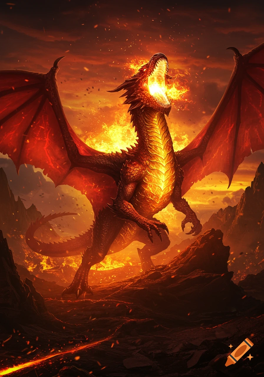 A powerful red dragon roars and breathes fire in a fiery, volcanic ...