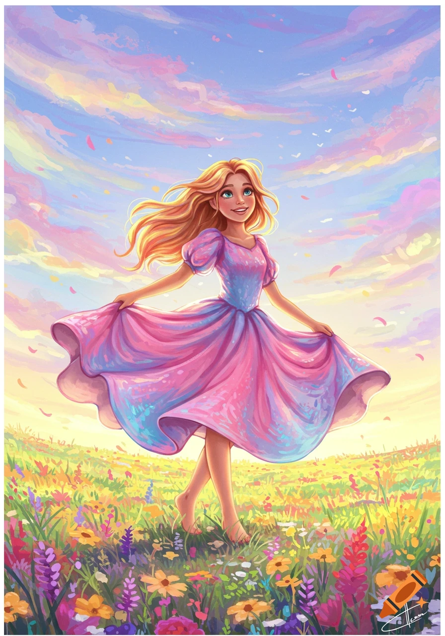 A vibrant illustration of a happy blonde girl in a flowing pink and ...