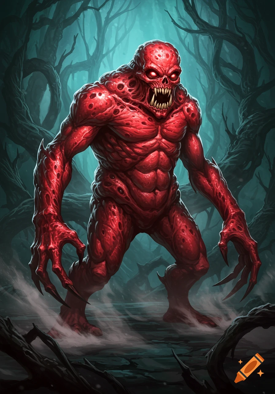 A red, spooky, spongy monster with sharp claws and glowing red eyes ...